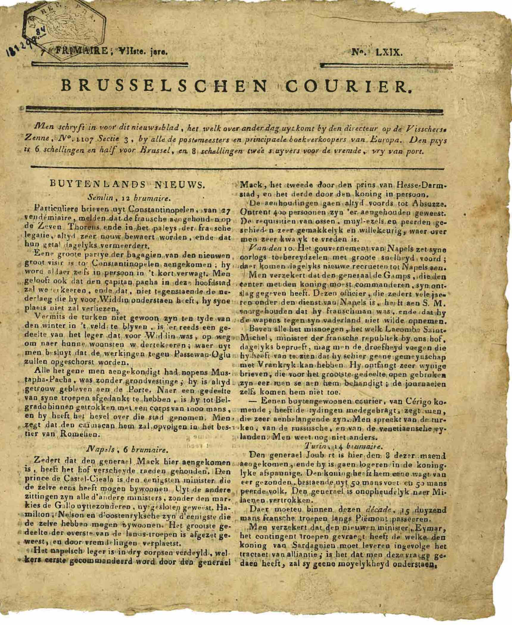Brusselschen Courier (1797-1798) | Encyclopedie Nederlandstalige ...